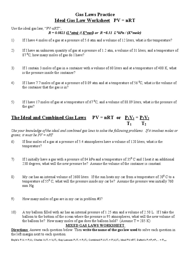 Gas Laws Practice Ideal Gas Law Worksheet PV NRT: R 0.0821 (L Atm) / (K ...