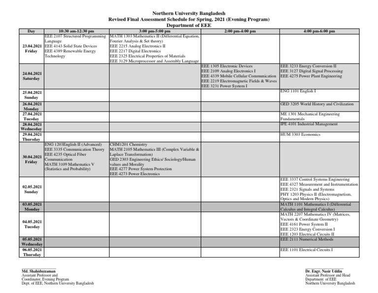 Revised Final Assessment Schedule Spring 2021 | PDF | Electrical ...