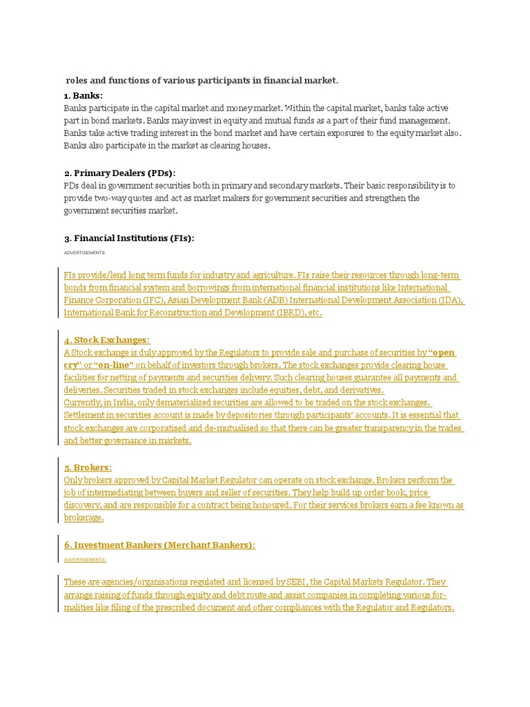 A 2 - Roles and Functions of Various Participants in Financial Market ...