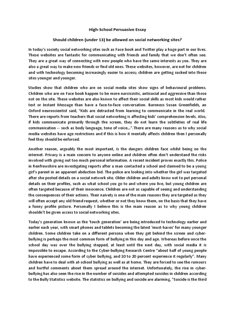 High-School Persuasive Essay Should Children (Under 13) Be Allowed On ...