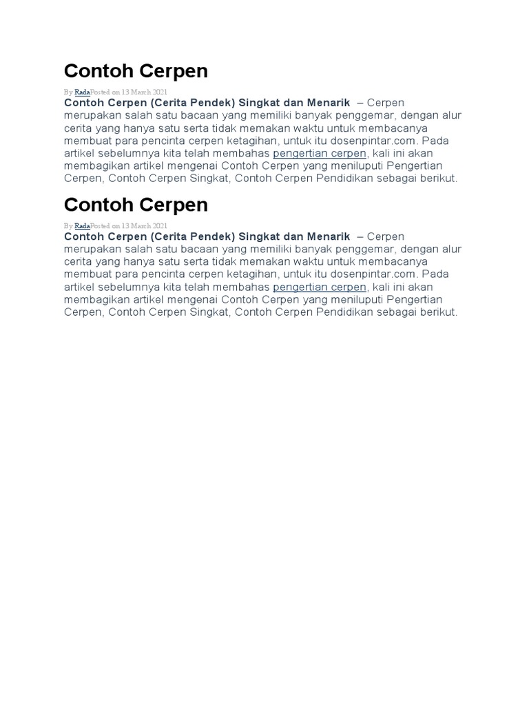 Contoh Cerpen: Contoh Cerpen (Cerita Pendek) Singkat Dan Menarik - Cerpen | PDF | Seni ...