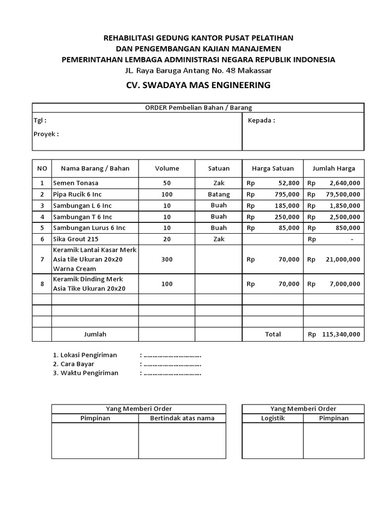 Tabel Orderan Bahan | PDF
