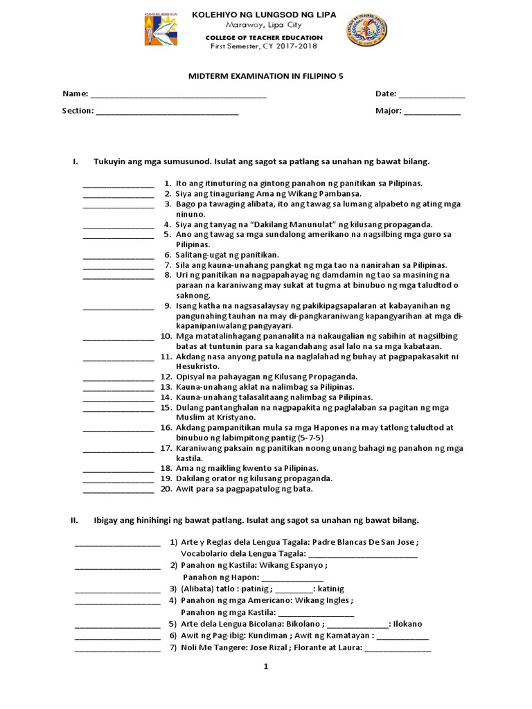 Filipino 5 Midterm Exam | PDF