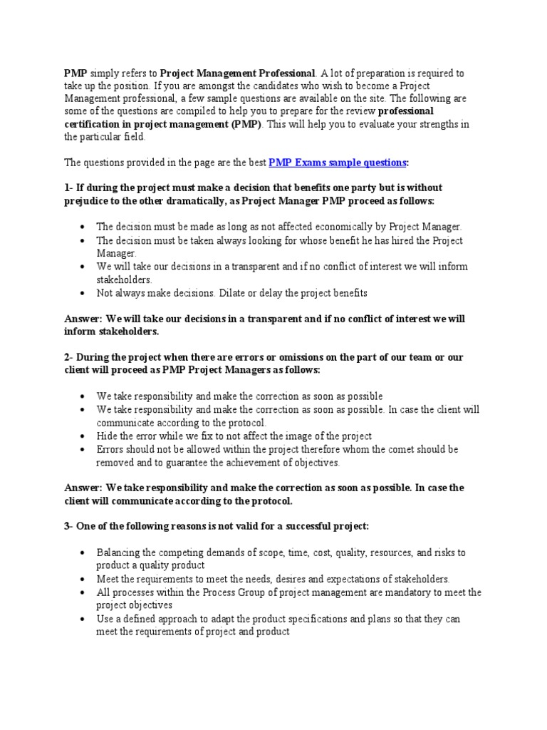 PMP Sample Questions | PDF | Project Management | Regulatory Compliance