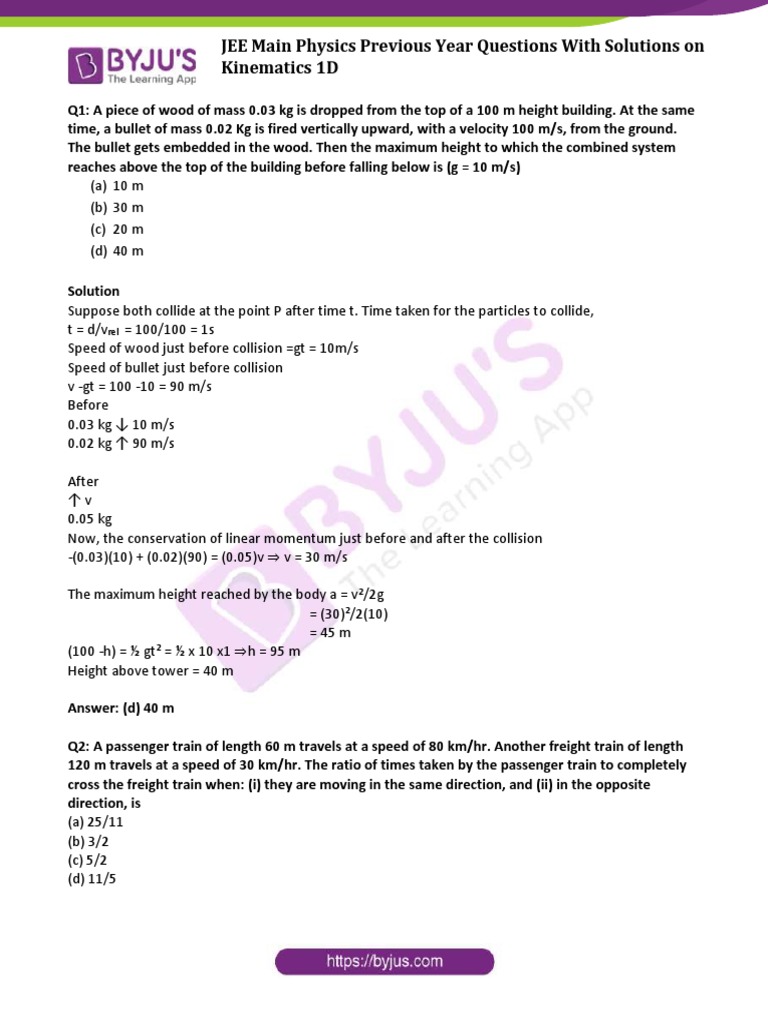 JEE Main Physics Previous Year Questions With Solutions On Kinematics 1D | Download Free PDF ...
