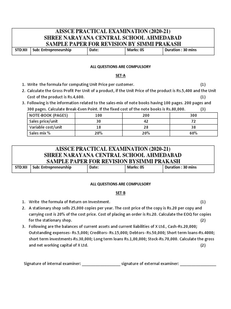 AISSCE Entrepreneurship Exam Sample Paper | PDF | Working Capital ...