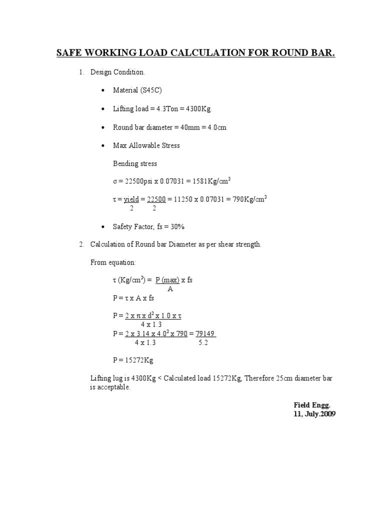 Safe Working Load Calculation For Round Bar | PDF