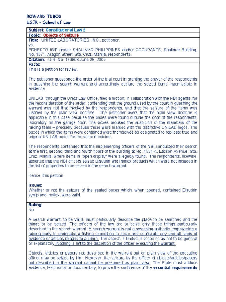 Validity of Seizure in UNILAB Case | PDF | Search Warrant | Criminal Justice