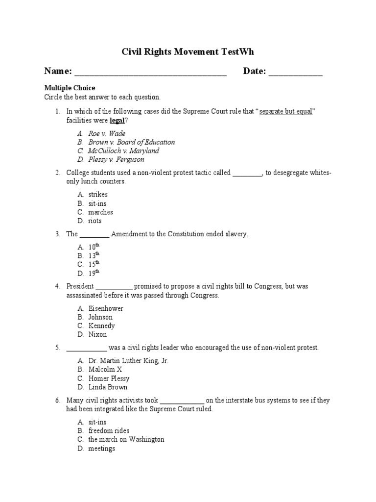 Civil Rights Movement Test Questions | PDF | Jim Crow Laws | Social ...