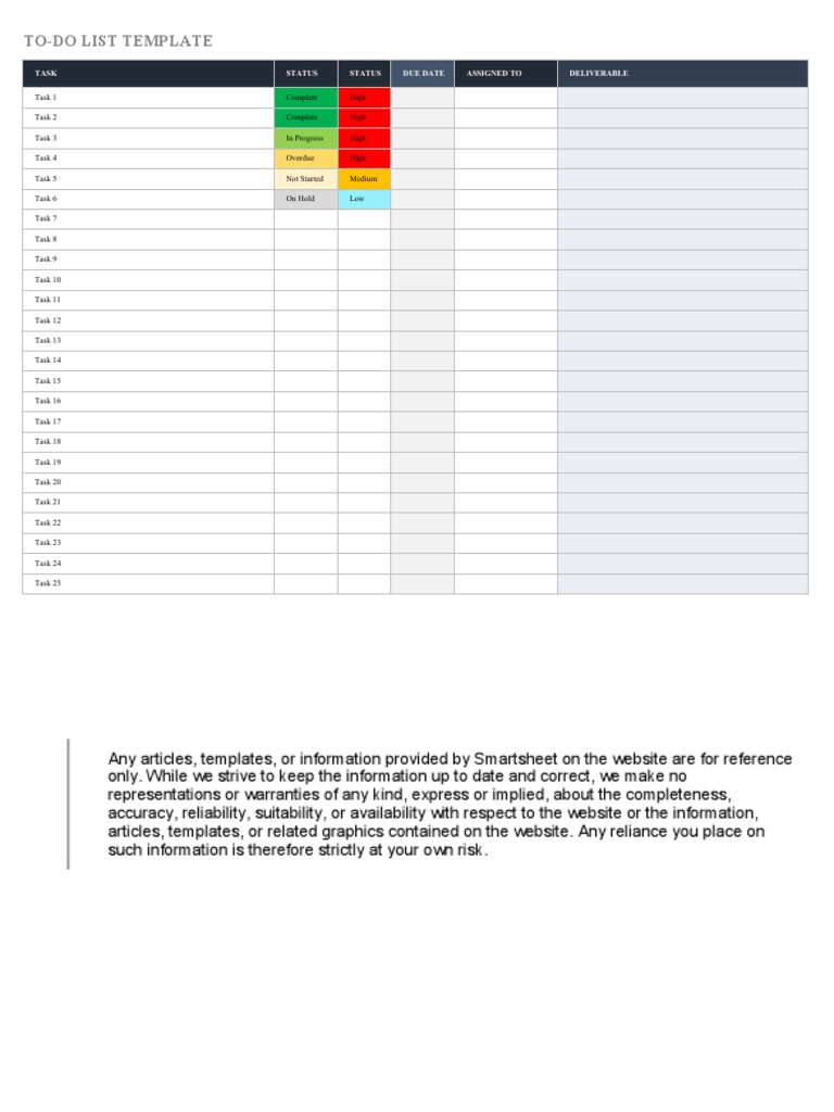To-Do List Template: Task Status Status Due Date Assigned To ...