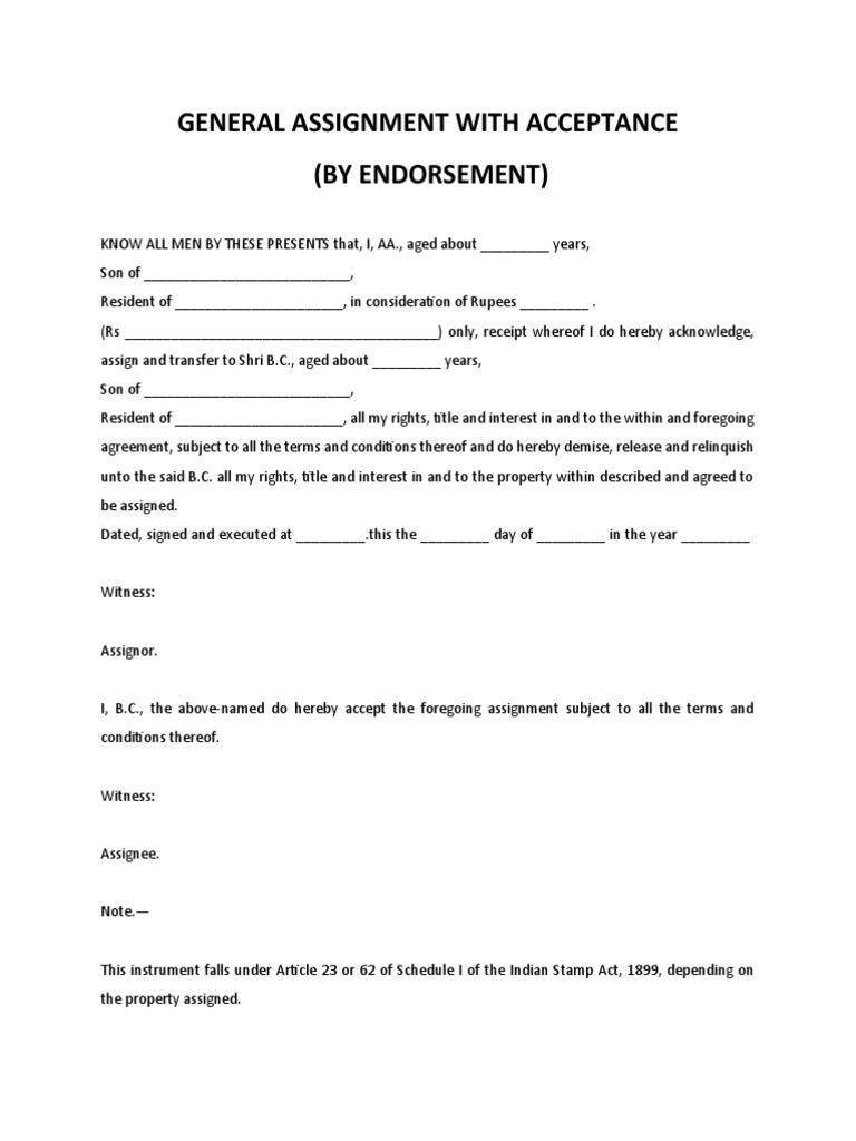 General Assignment With Acceptance (By Endorsement) | PDF