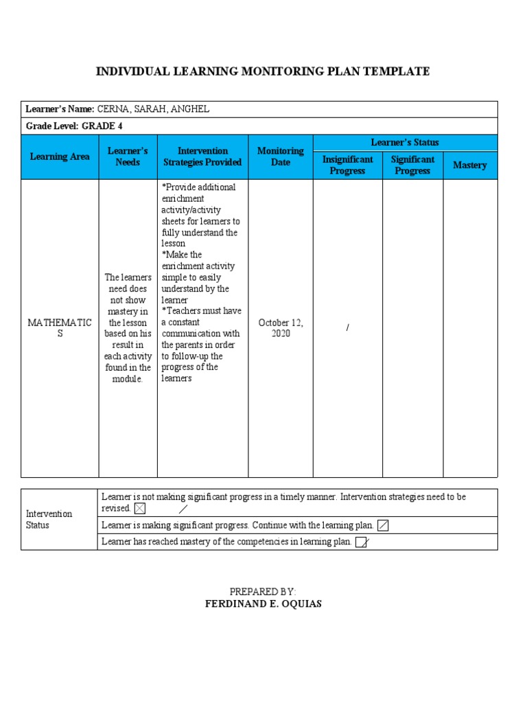 Individual Learning Monitoring Plan | PDF | Career & Growth