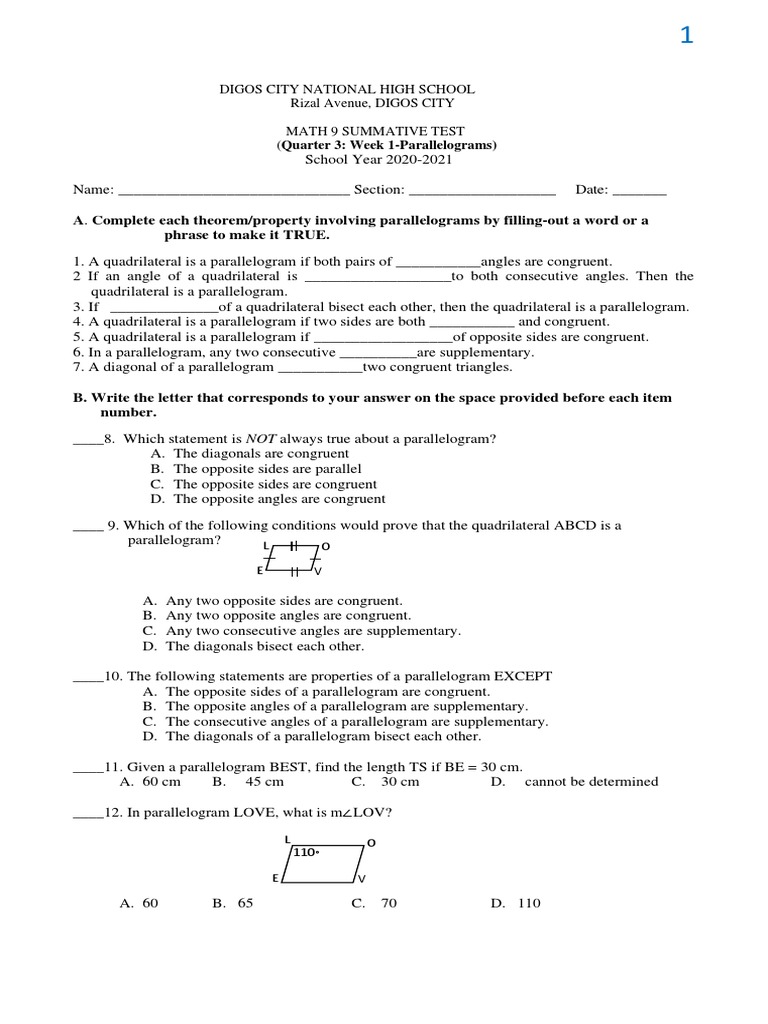 SUMMATIVE TEST - q3-wk 1 | PDF | Euclid | Geometric Shapes