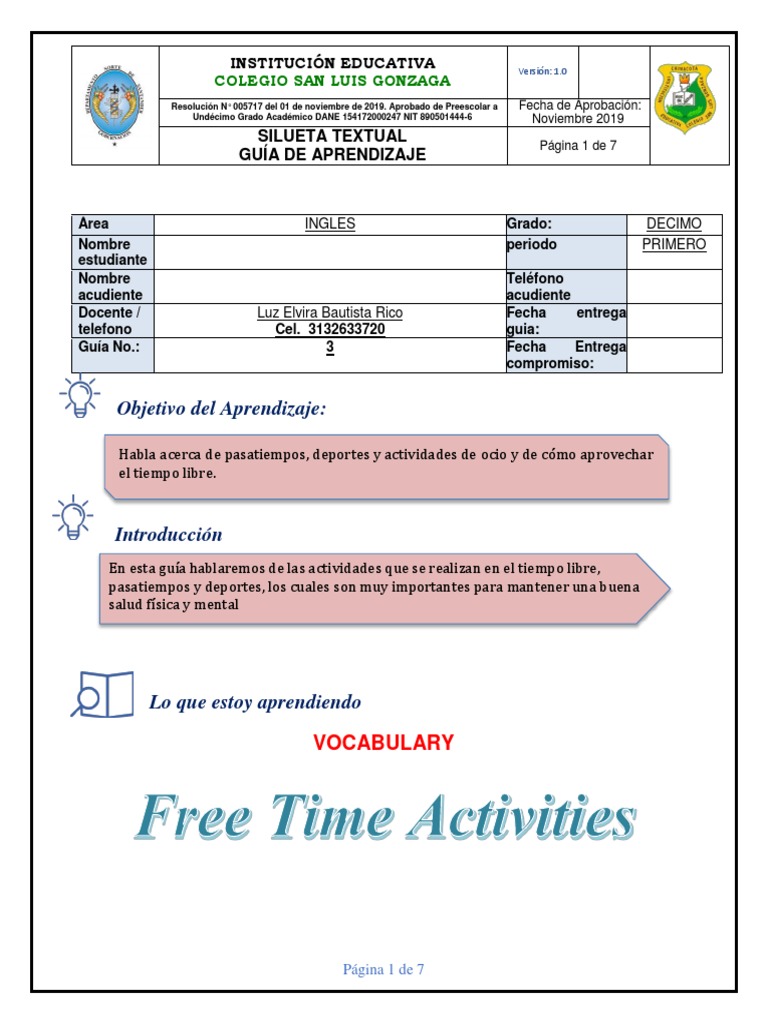 Guia 3 Decimo Free Time Activities | PDF | Educación de la primera ...