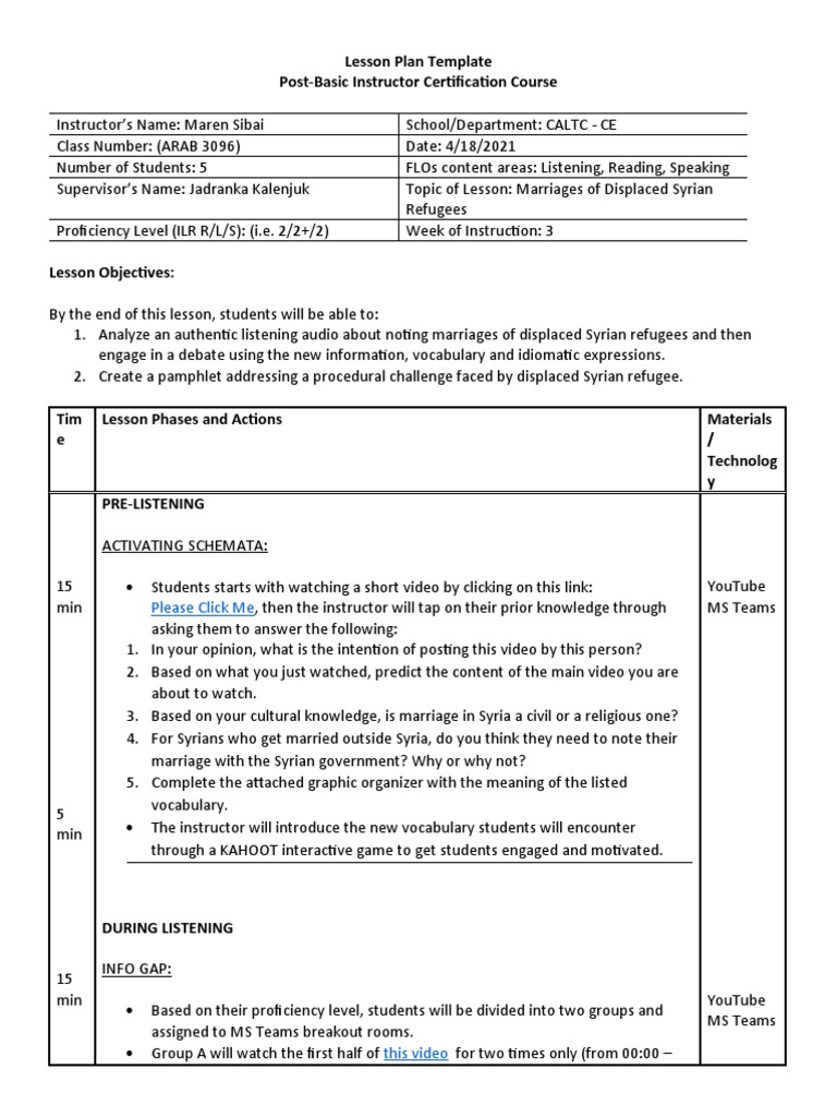 Lesson Plan Template Post-Basic Instructor Certification Course | PDF ...