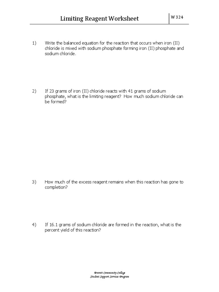 w324 Limiting Reagent Worksheet | PDF
