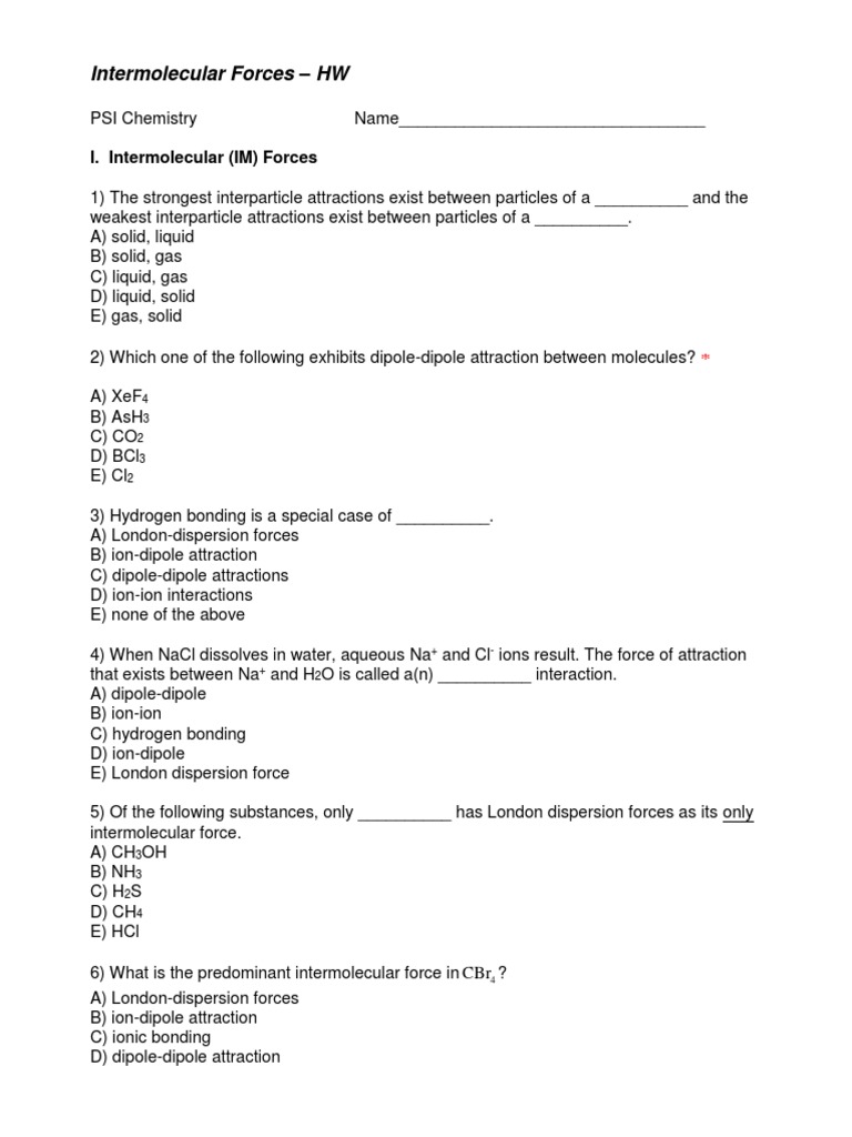 Intermolecular Forces Homework Questions | PDF | Intermolecular Force ...