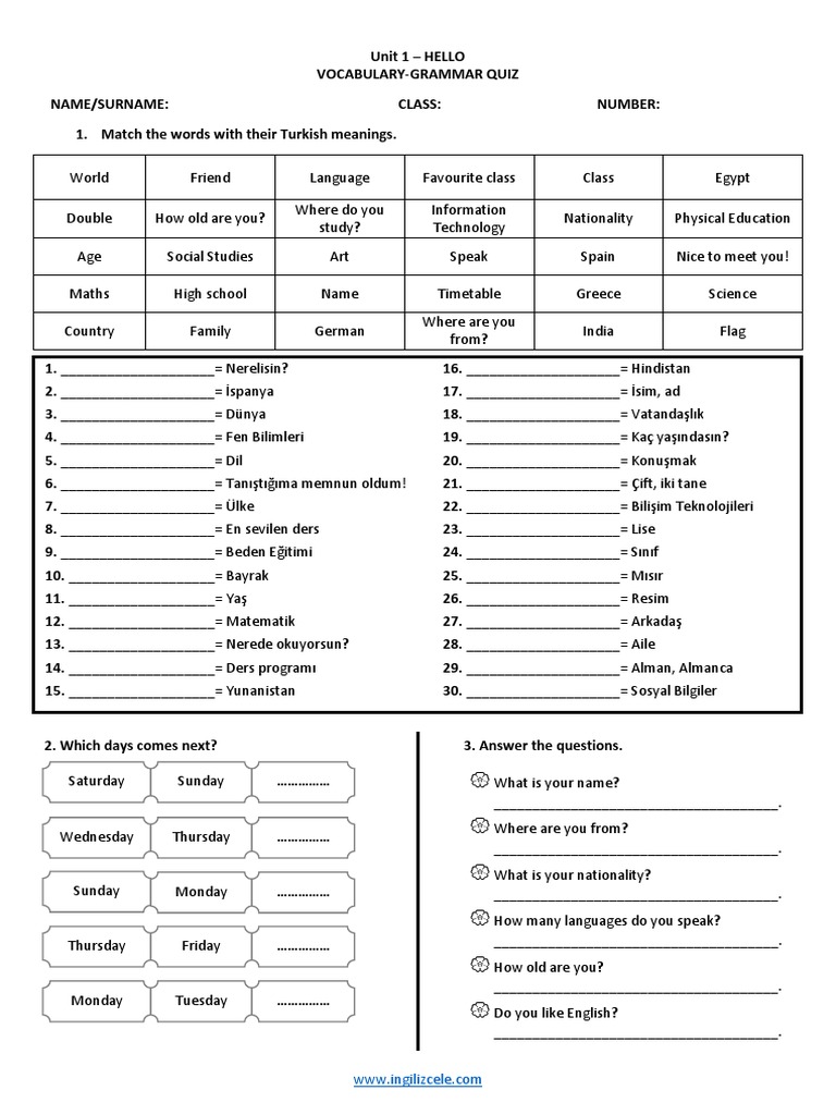 5 Sinif 1 Unite Hello Vocabulary Grammar Quiz | PDF