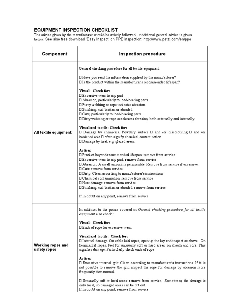Equipment Inspection Checklist Guide | PDF | Wear | Rope