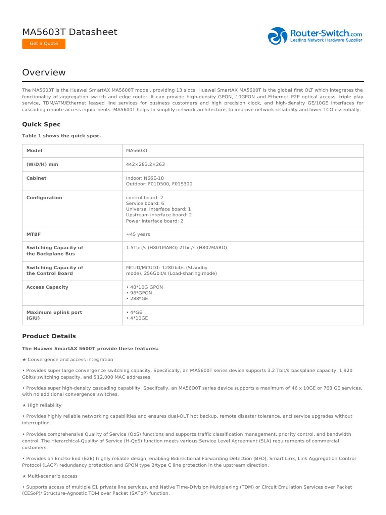 MA5603T Datasheet: Quick Spec | PDF | I Pv6 | Network Switch