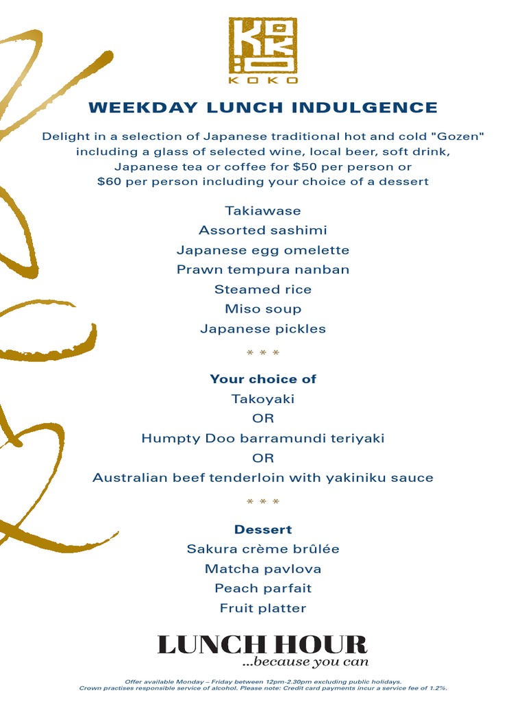 Crown Melbourne Restaurants Koko Weekday Lunch Indulgence Menu 1 | PDF