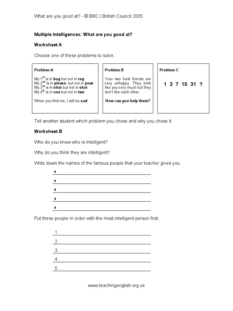 Multiple Intelligence Worksheet | PDF | Science & Mathematics
