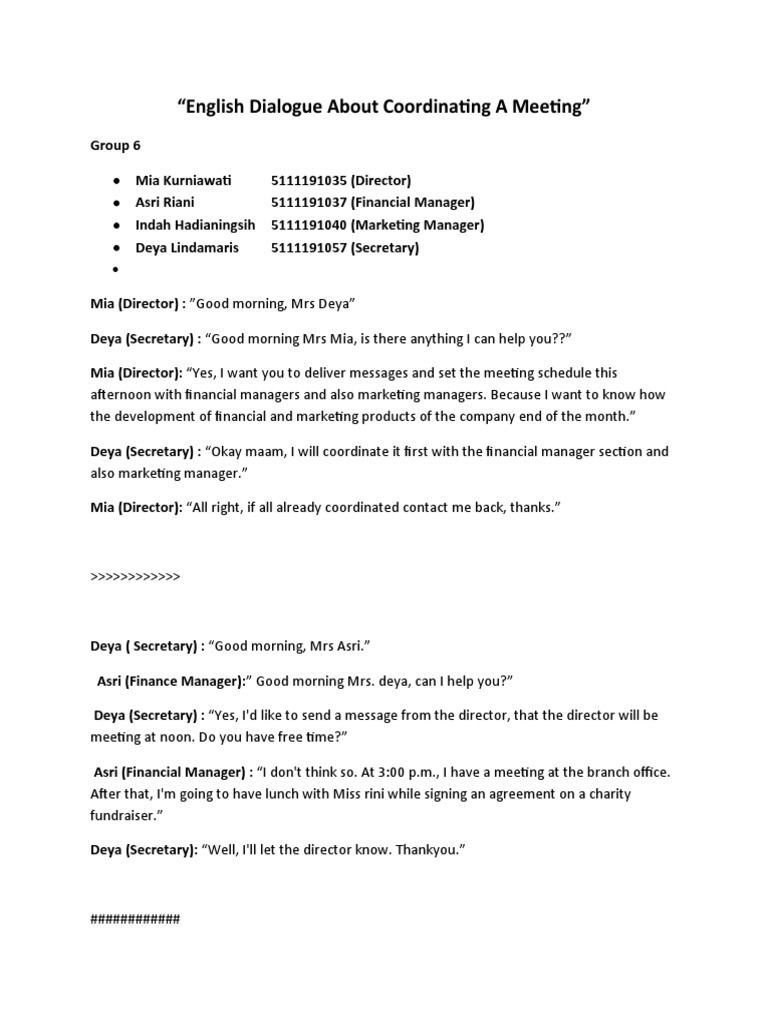English Dialogue About Coordinating A Meeting | PDF | Business