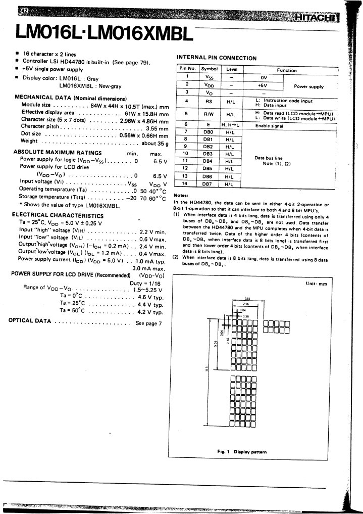 Datasheet LCD LM016L | PDF