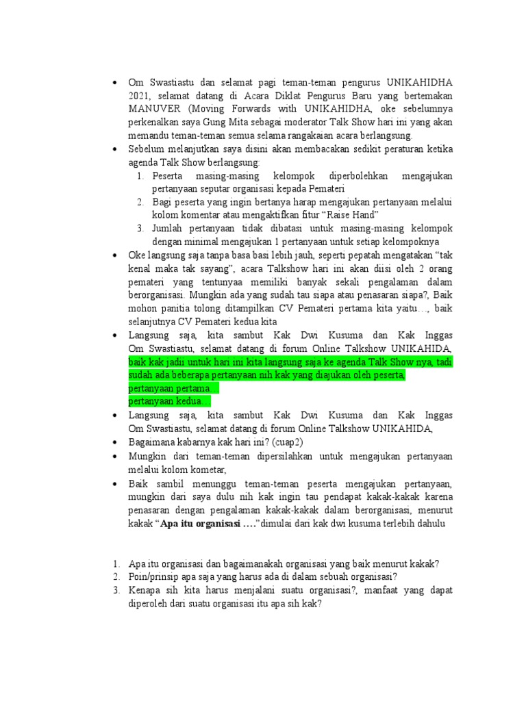 QCard & LIST PERTANYAAN MODERATOR TALKSHOW | PDF