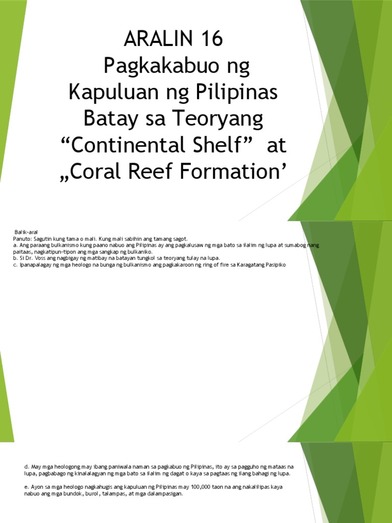AP5 QUARTER 1 ARALIN 16 Teoryang Continental Shelf at Coral Reef Formation | PDF
