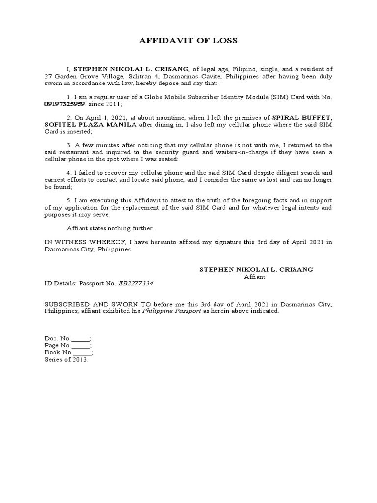 Affidavit of Loss of A SIM Card | PDF