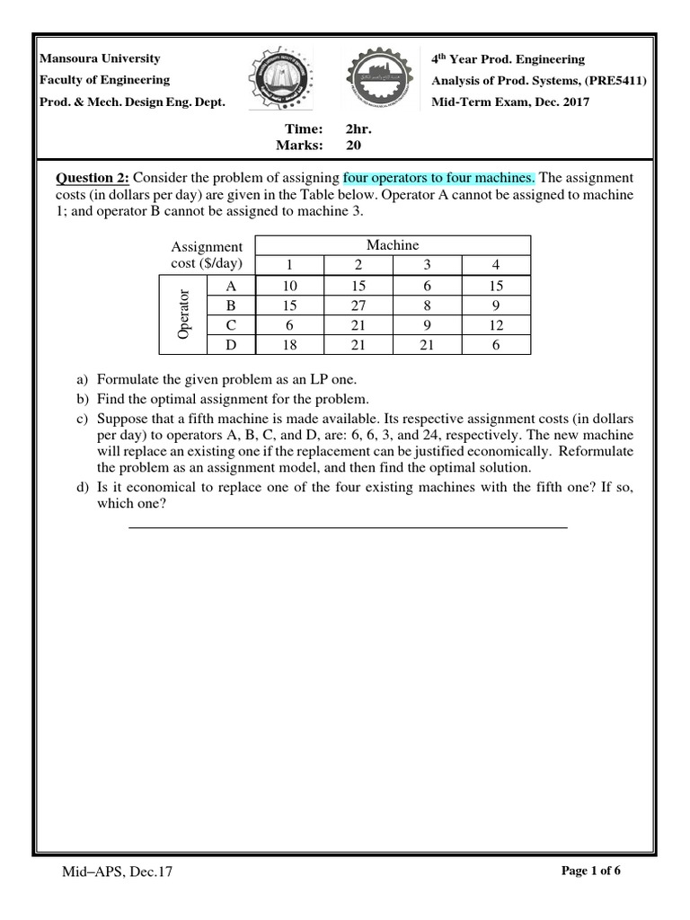 Assignment Minimization Example | PDF | Matrix (Mathematics) | Linear ...