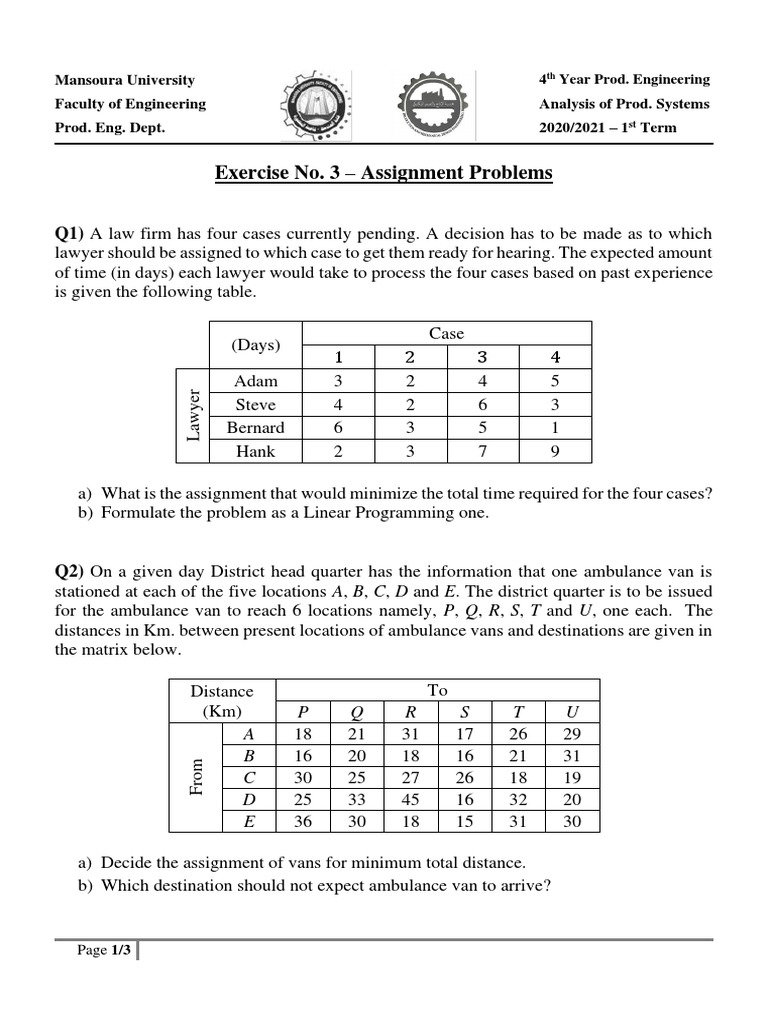 Assignment Problems Sheet | PDF | Business | Teaching Mathematics