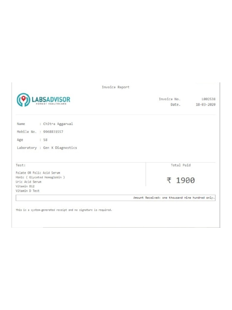 Blood Test Payment Receipt | PDF