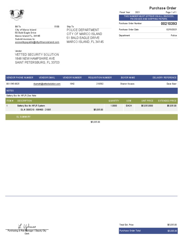 Marco Island ALPR Battery Box Purchase Order 210393 - Feb. 2021 | PDF ...