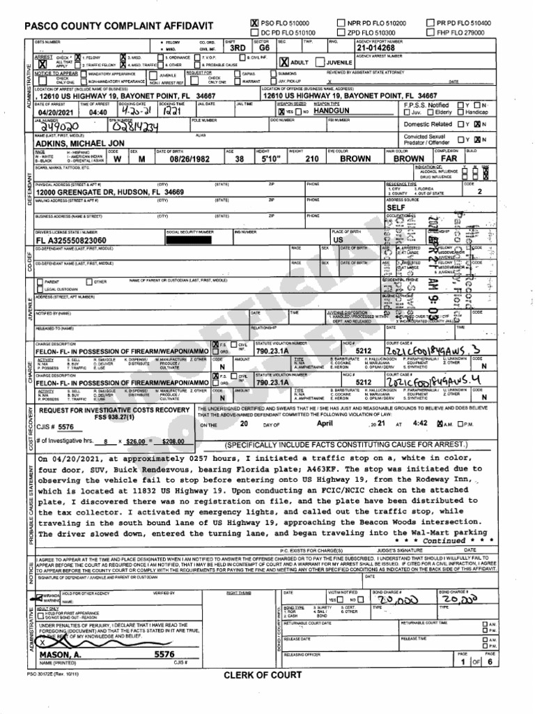 Arrest Report of Michael Adkins of Hudson, FL | PDF