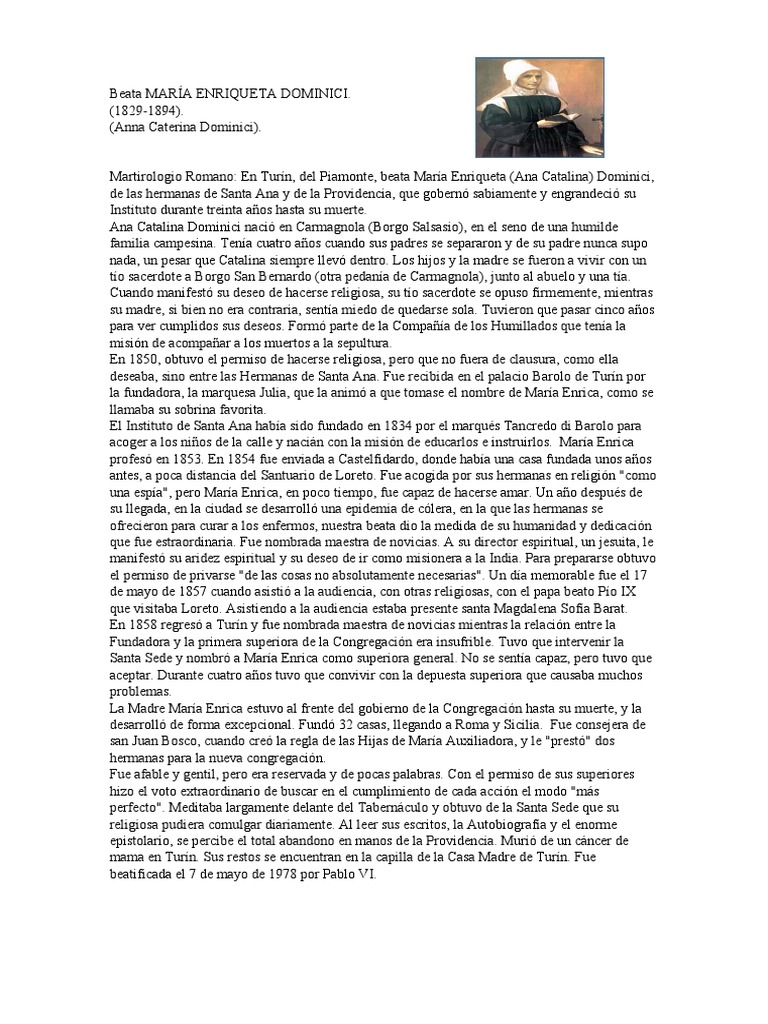 BIOGRAFIA Beata MARÍA ENRIQUETA DOMINICI | PDF | Papa | Religión y creencia