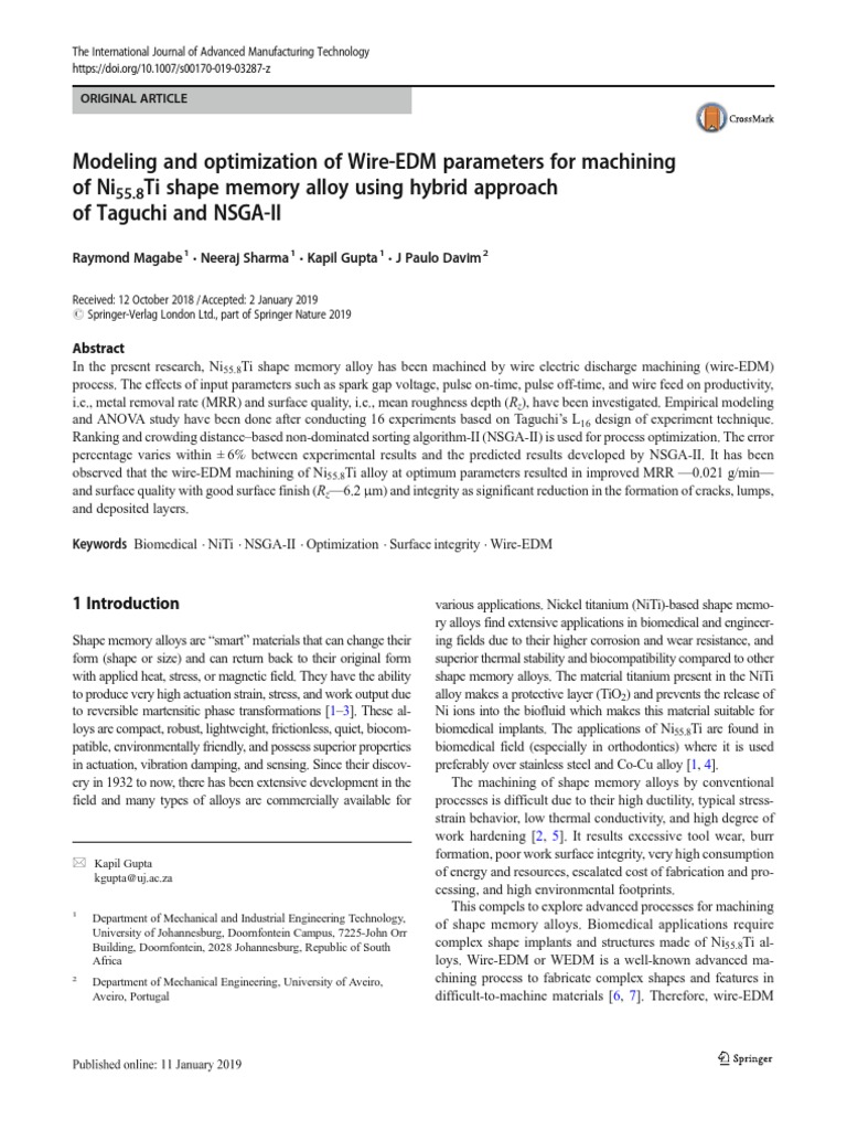 Modeling And Optimization Of Wire Edm Parameters For Machining Of Ni Ti Shape Memory Alloy Using