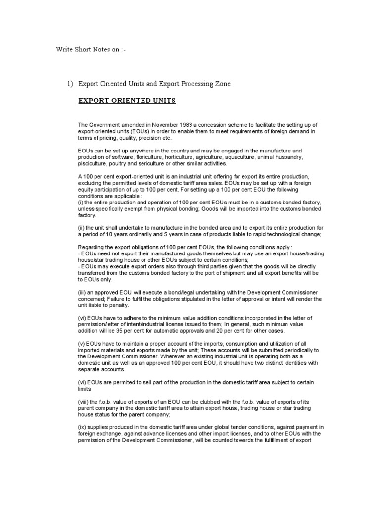 Write Short Notes On | PDF | Customs | Tariff