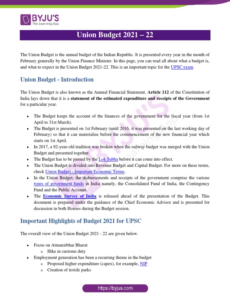 Union Budget - Introduction | Download Free PDF | Government Budget ...