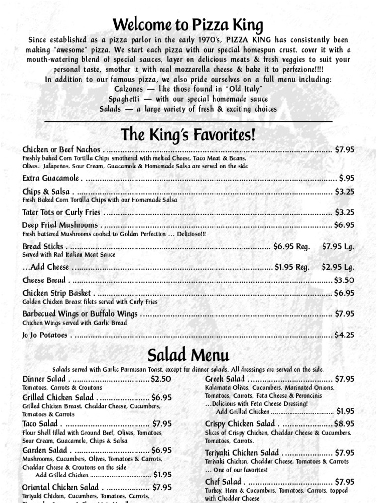 Pizza king menu store