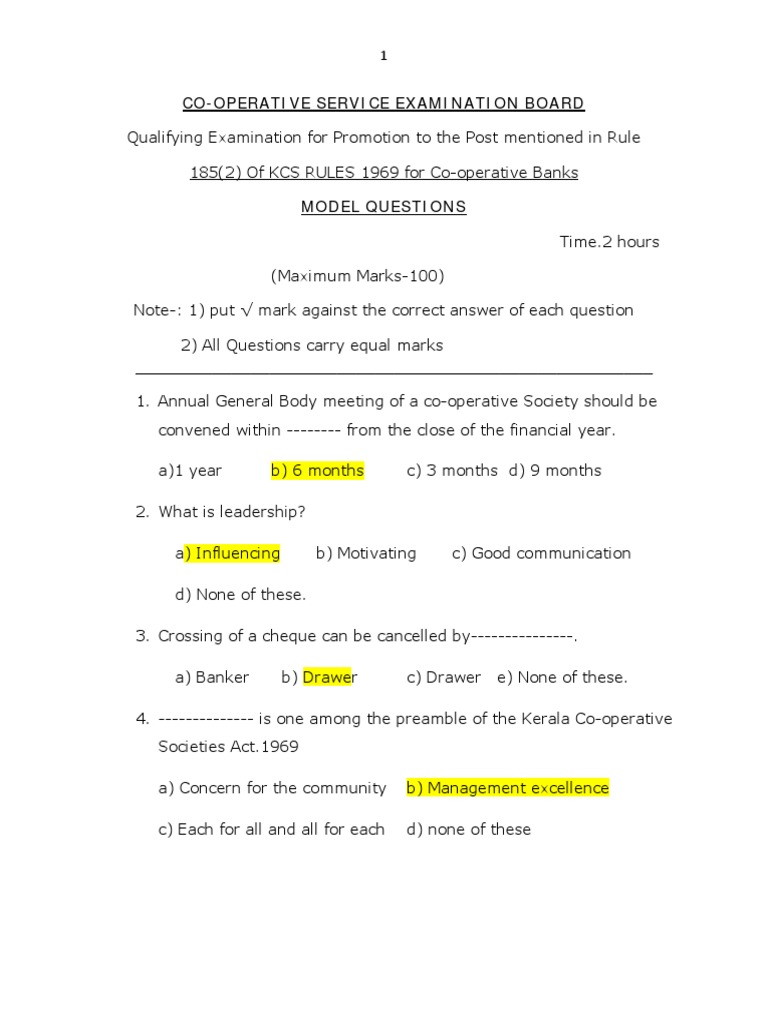 Model Questions Paper For Promotion Test - Objective Type | PDF ...