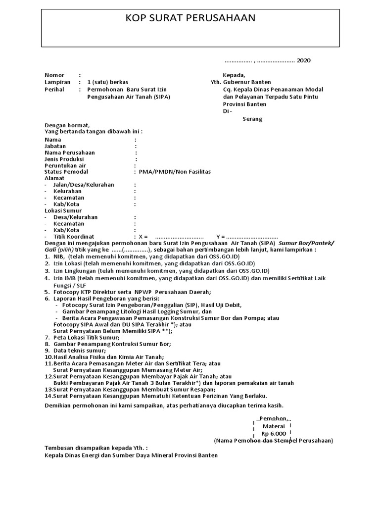 Form Surat Permohonan Izin SIPA Baru (Untuk Sipa Baru, Sumur Sudah Ada Dan Untuk Sipa Masa ...