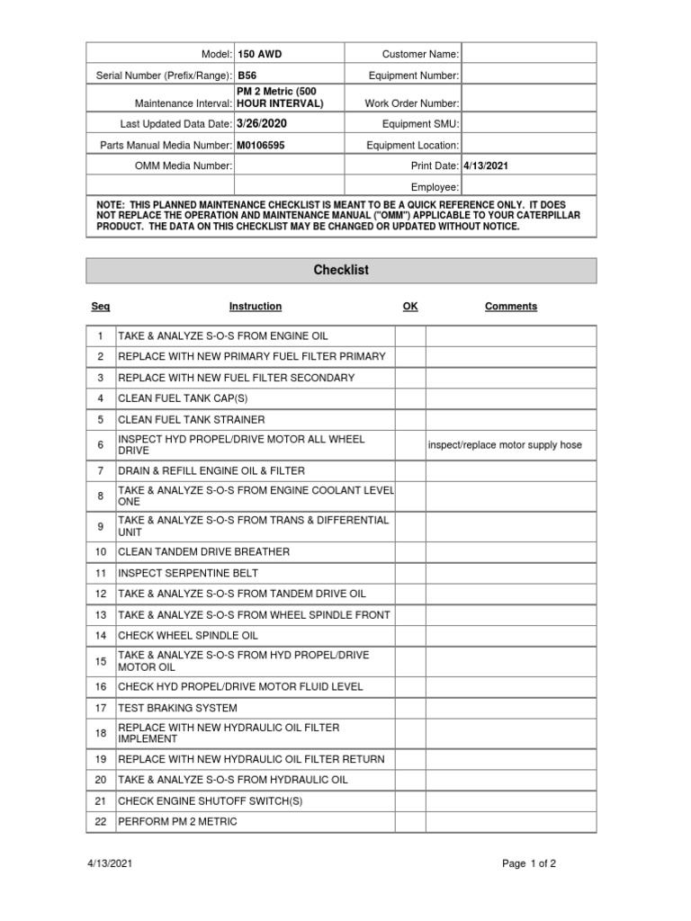 PM 2 Metric (500 Hour Interval) : Checklist | PDF | Four Wheel Drive ...