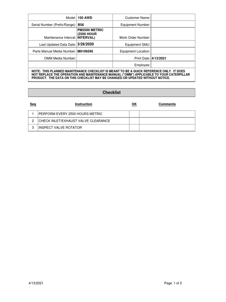 Pm2500 Metric (2500 HOUR Interval) : Checklist | PDF