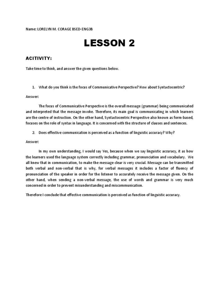 Corage, Lorelyn Bsed-Eng3b - Lesson2 | PDF | Fluency | Communication