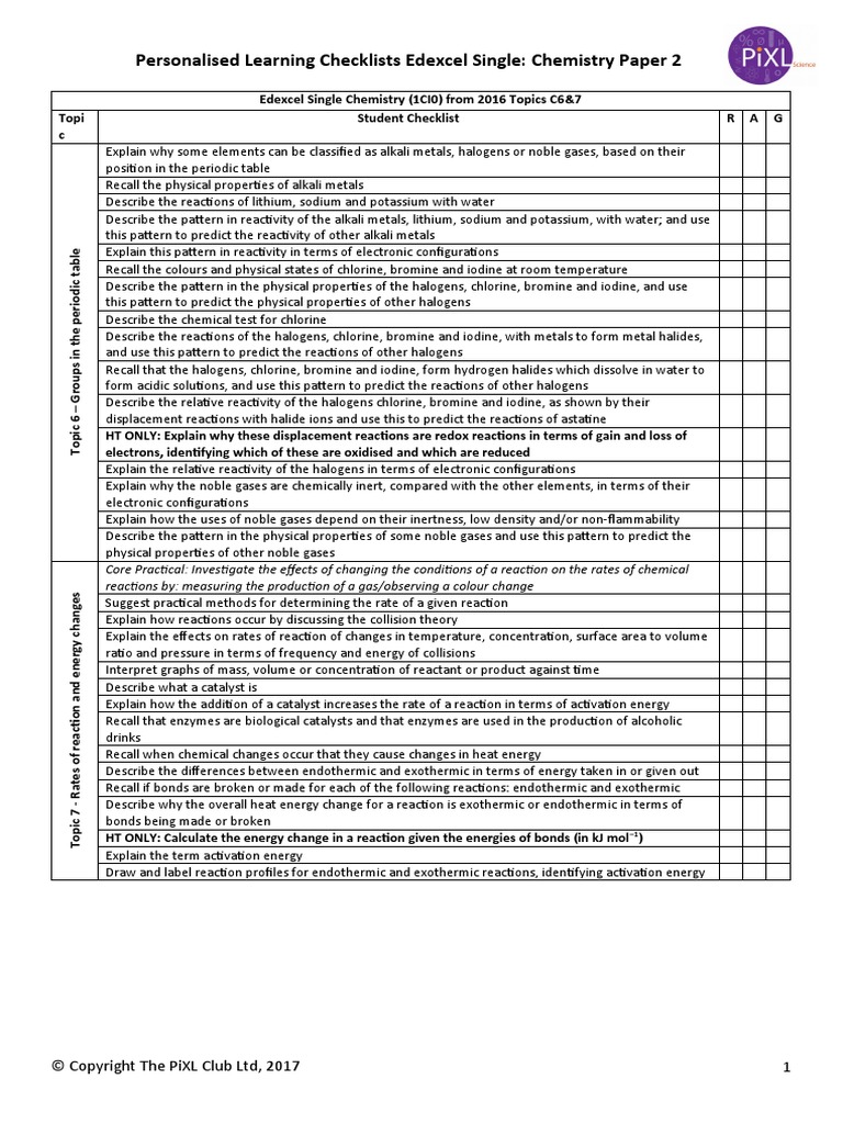 Edexcel PLC Student Checklist Single Chemistry Paper 2 | PDF | Reaction ...