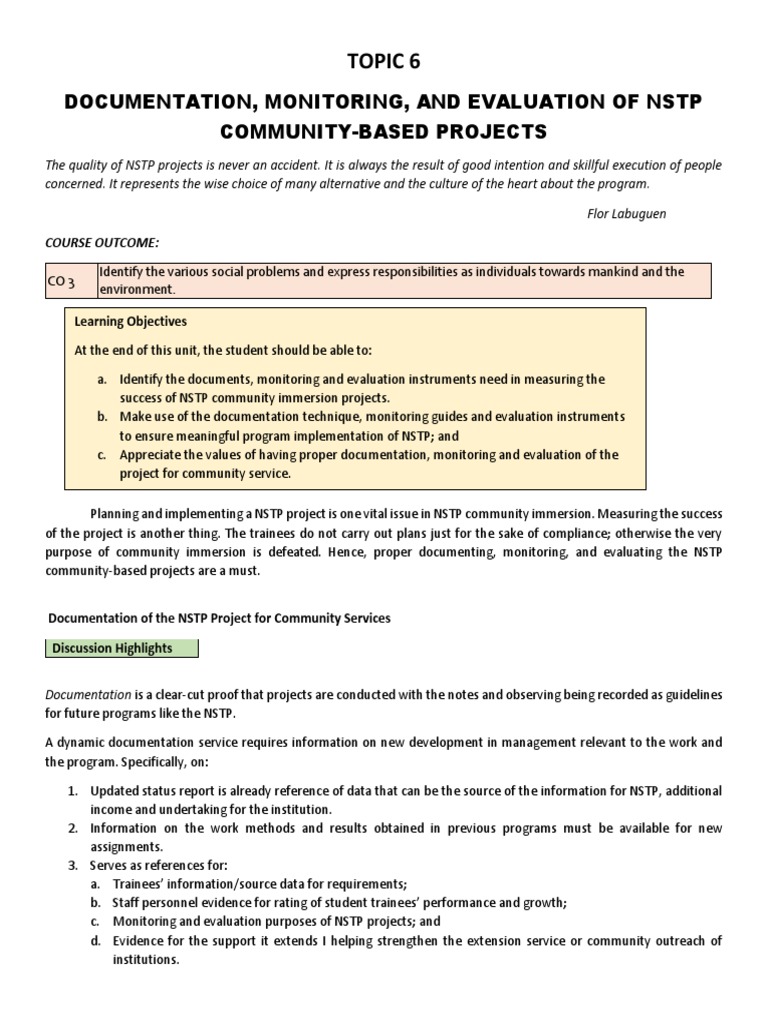 Topic 6: Documentation, Monitoring, and Evaluation of NSTP Community-Based Projects | PDF ...