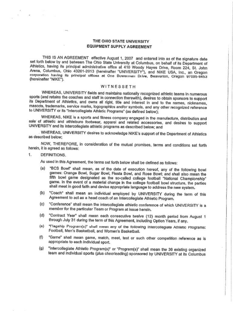 Nike - Equipment Supply Agreement + 1st, 2nd, 3rd Amendments | PDF ...