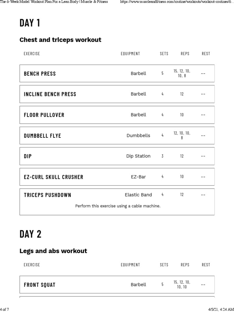 The 6-Week Model Workout Plan For A Lean Body - Muscle & Fitness | PDF ...